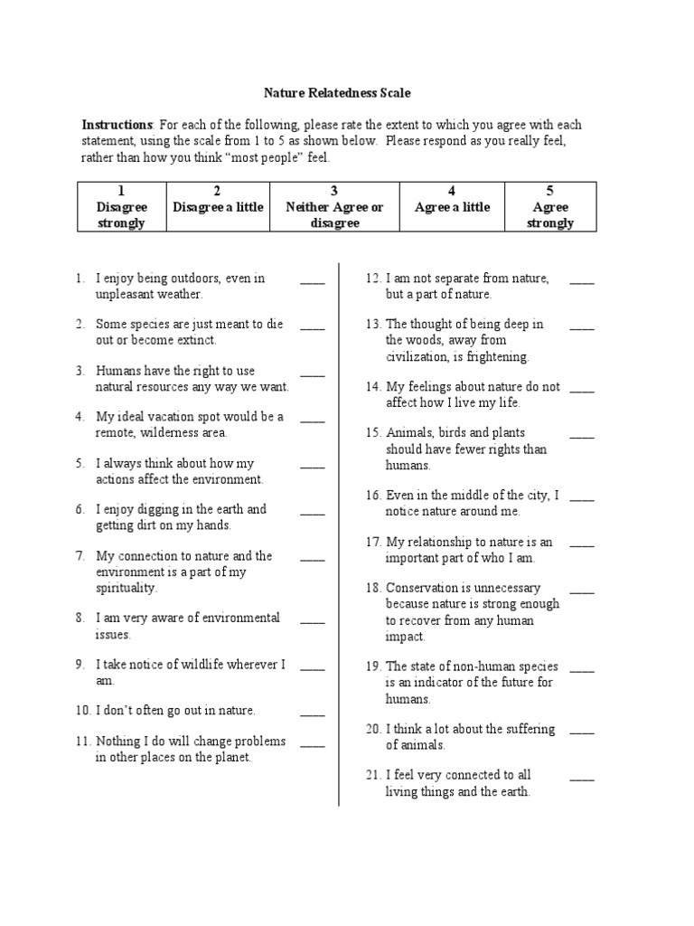 Nature Relatedness Scale and Scoring-Nisbet Et Al | PDF | Nature ...