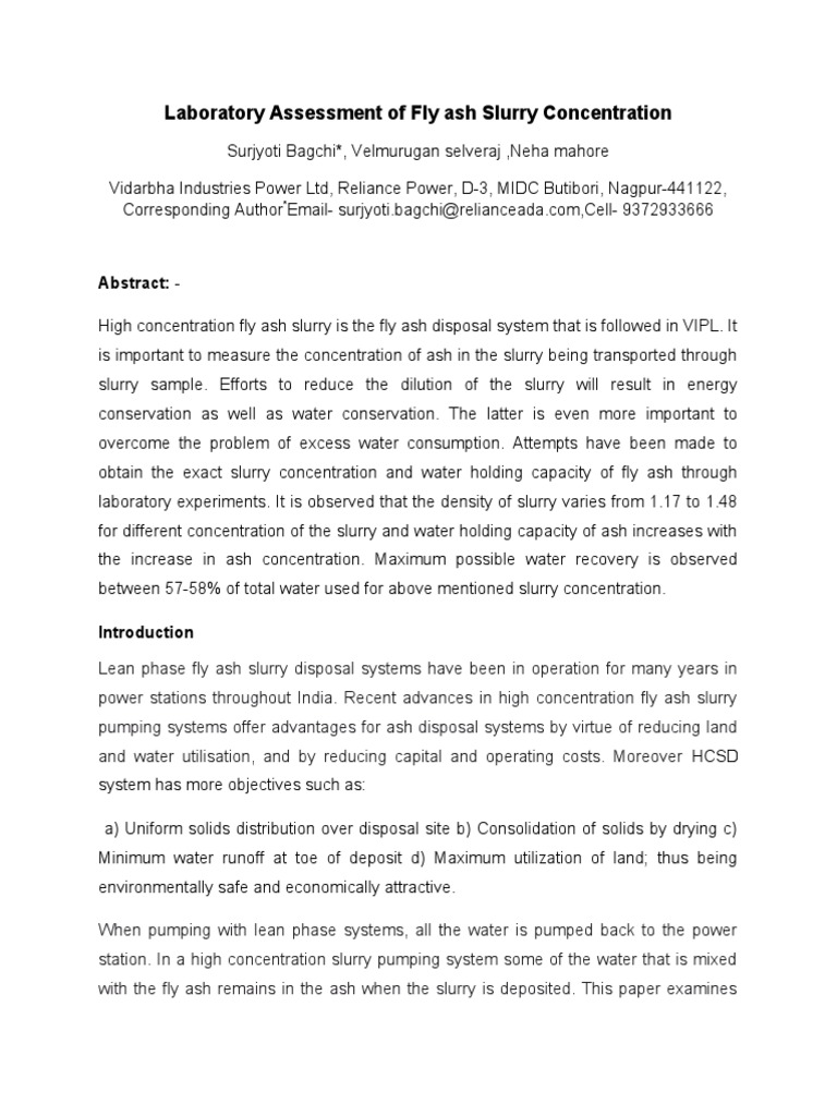 Laboratory Assessment of Fly Ash Slurry Concentration: Abstract | PDF ...