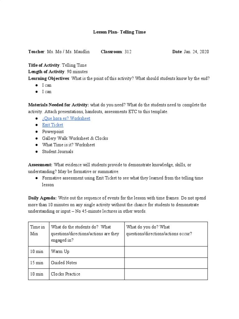 Lesson Plan-Telling Time: ¿Que Hora Es? Worksheet Exit Ticket | PDF ...