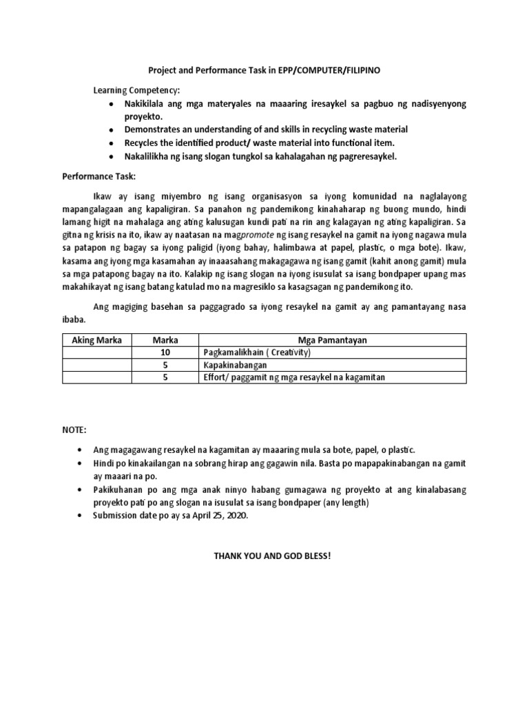 Project and Performance Task | PDF