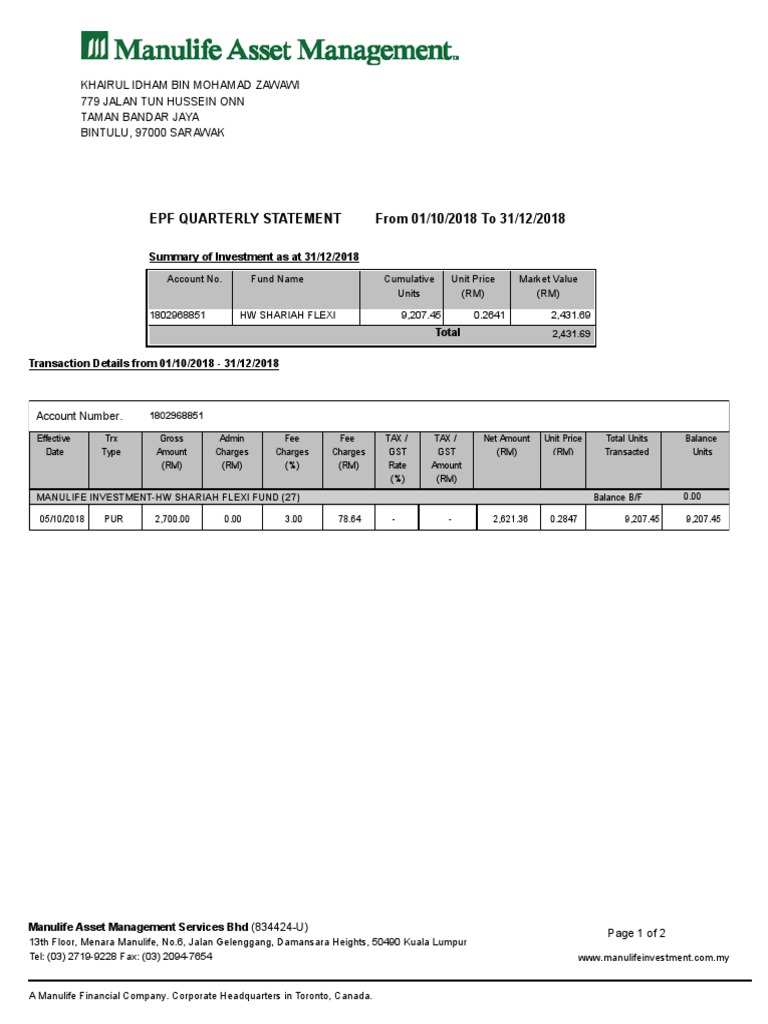 Epf Quarterly Statement From 01/10/2018 To 31/12/2018 | Download Free ...