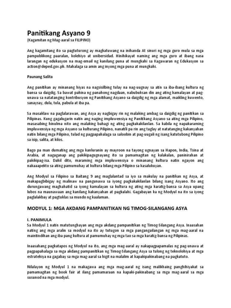 FIL9 Modyul 1 Sa Panitikang Asyano | PDF