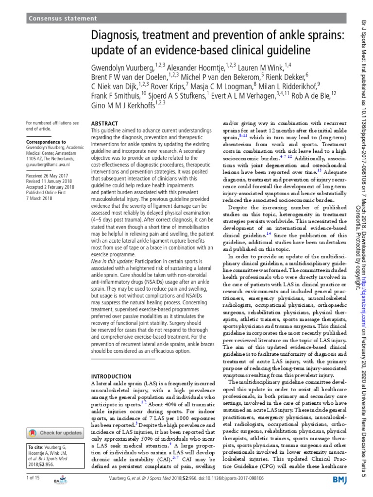 Diagnosis, Treatment and Prevention of Ankle Sprains: Update of An Evidence-Based Clinical ...