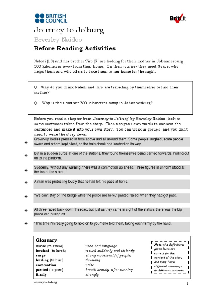 Journey To Jo'burg: Before Reading Activities | PDF | Identity Document ...
