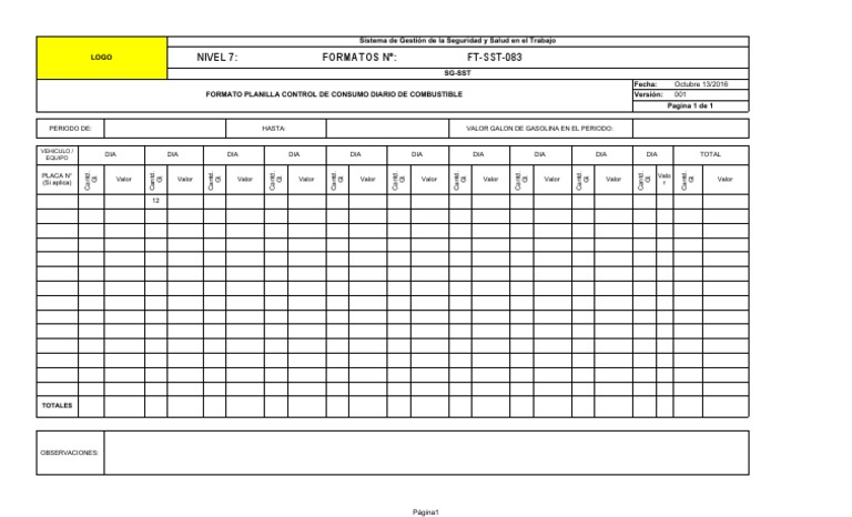 FT-SST-126 Formato Planilla Control de Consumo Diario de Combustible ...