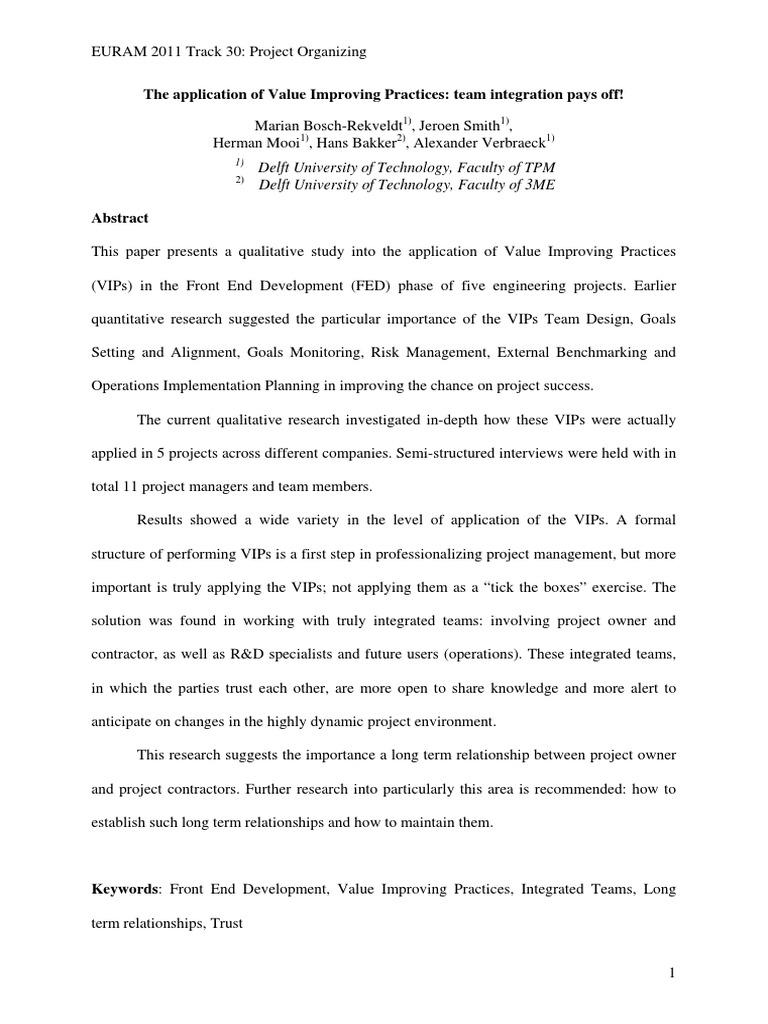The Application of Value Improving Practices: Team Integration Pays Off! | PDF | Risk Management ...
