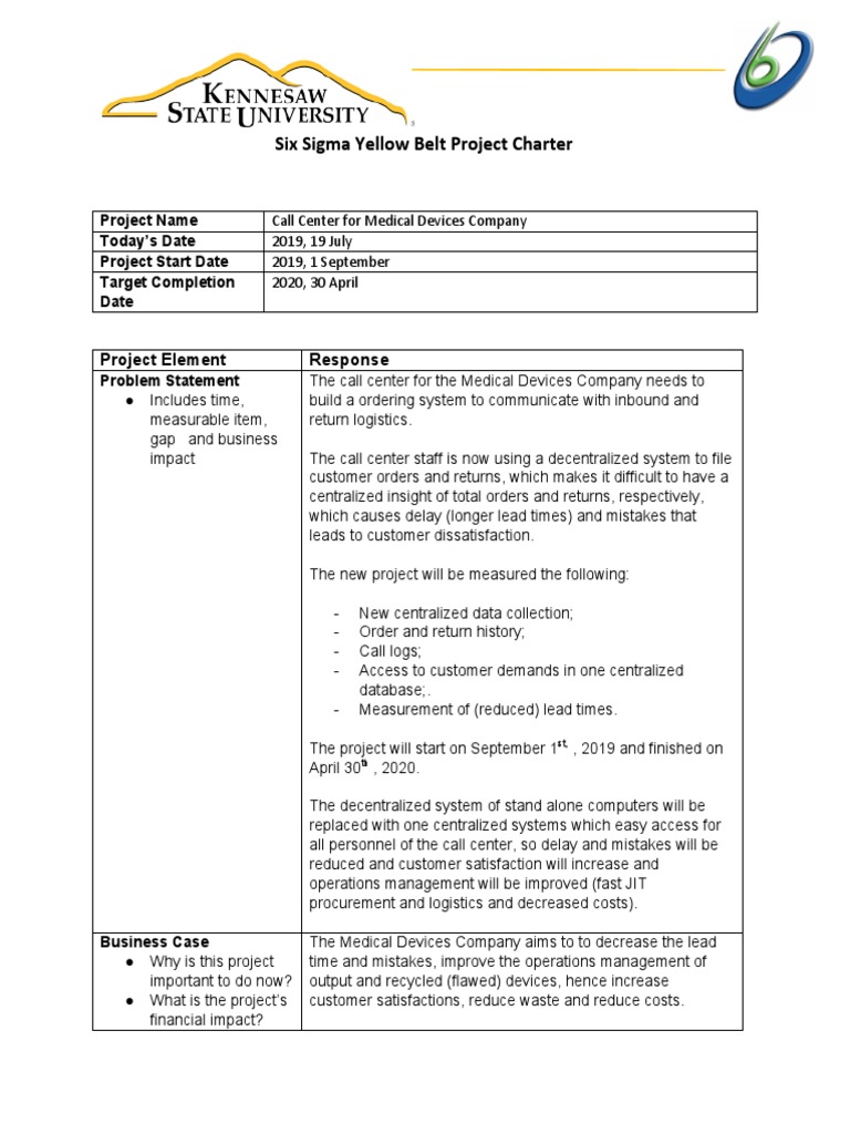 Six Sigma Yellow Belt Project Charter | Six Sigma | Null Hypothesis