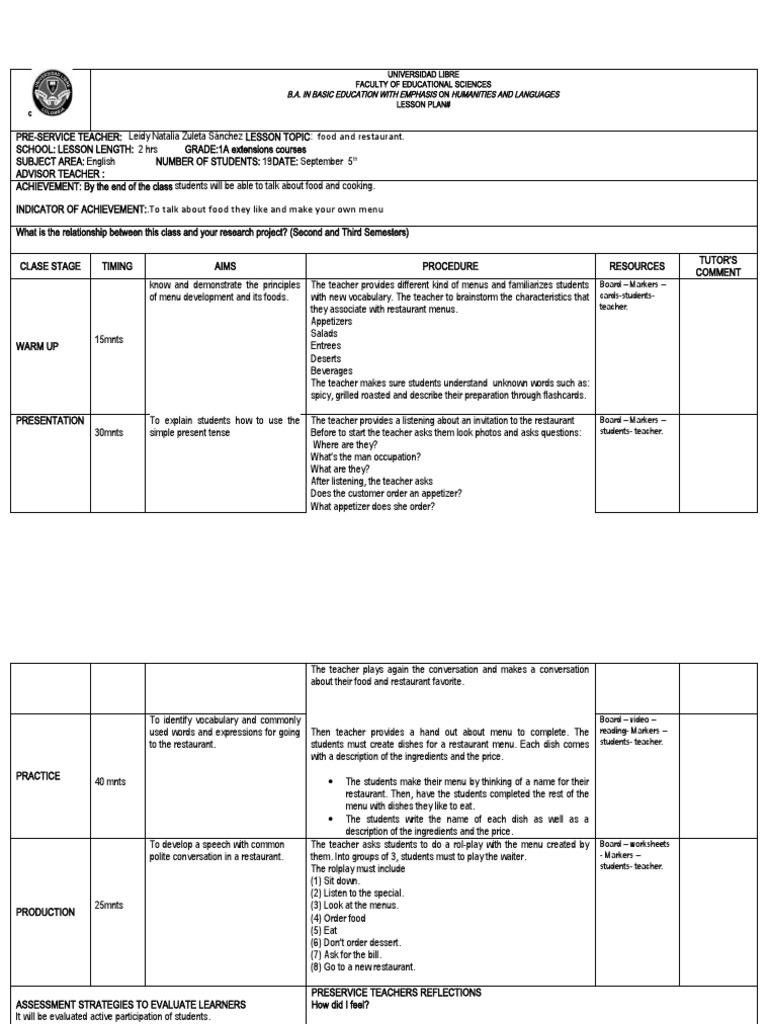Lesson Plan Food and Restaurant | PDF | Menu | Restaurants