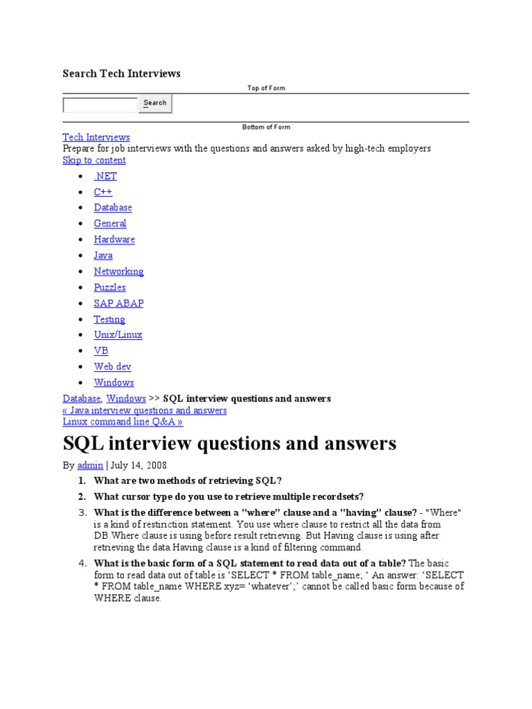 Sql Interview Questions And Answers Search Tech Interviews Pdf Database Index Relational