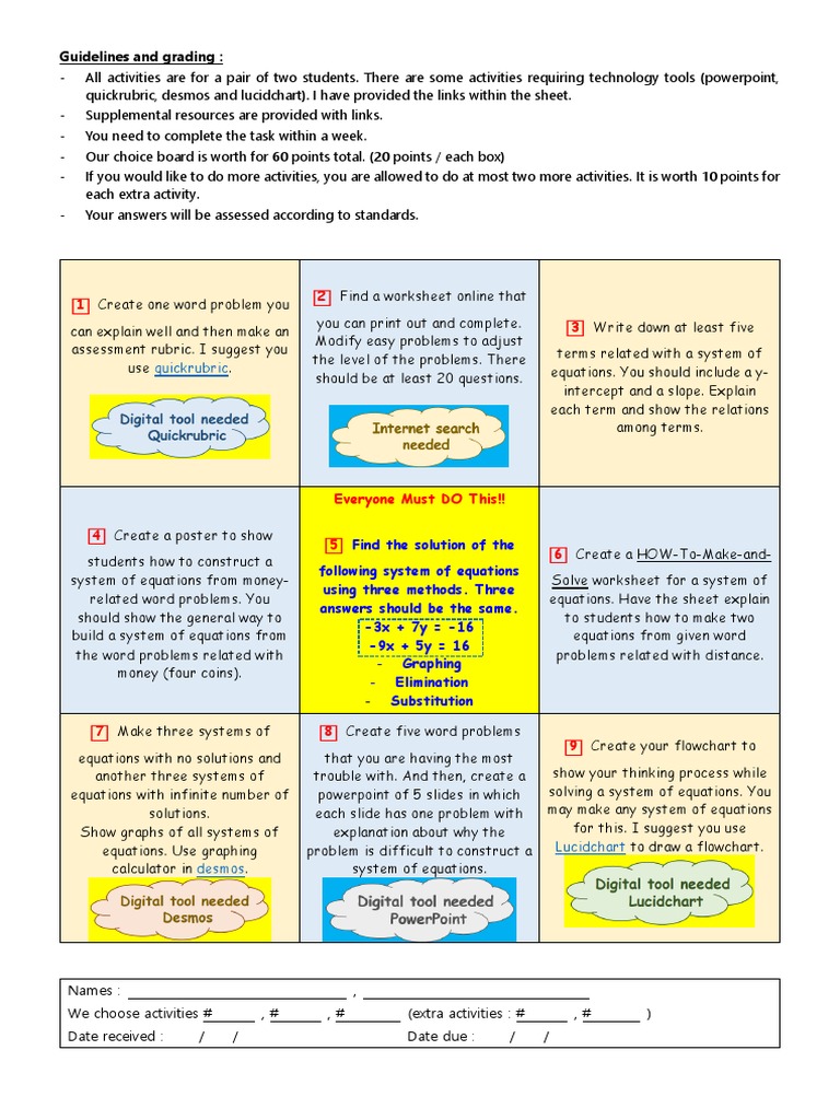 Choice Board Final | PDF | Worksheet | Equations