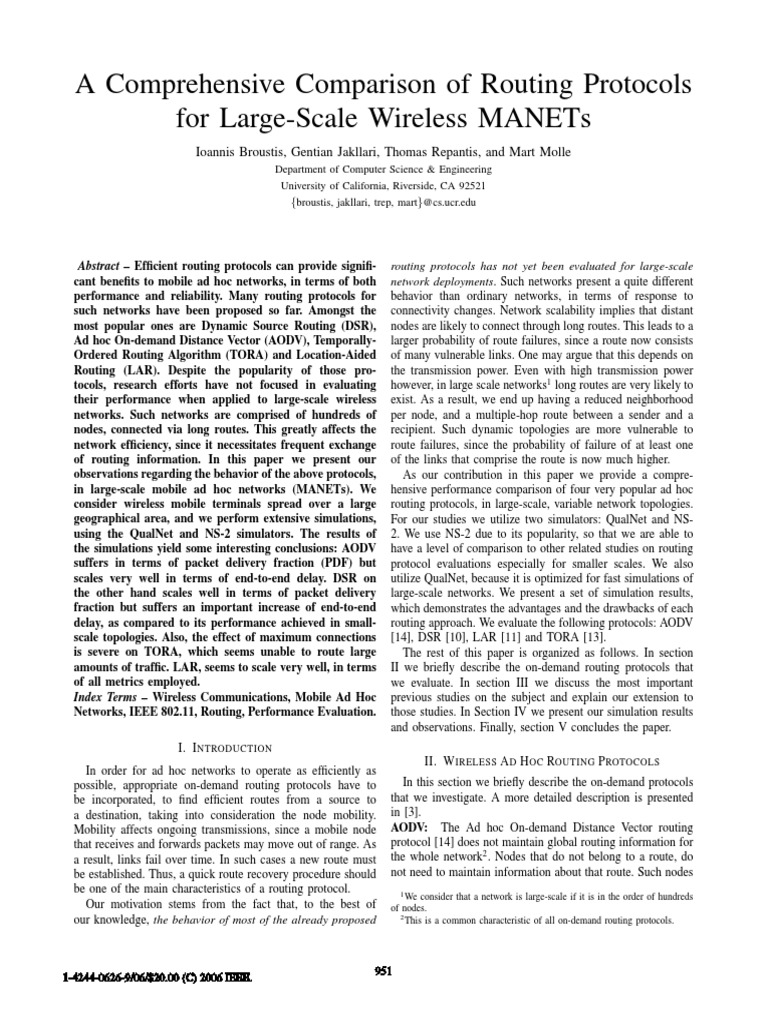 A Comprehensive Comparison Of Routing Protocols For Large Scale Wireless Manets Pdf Wireless
