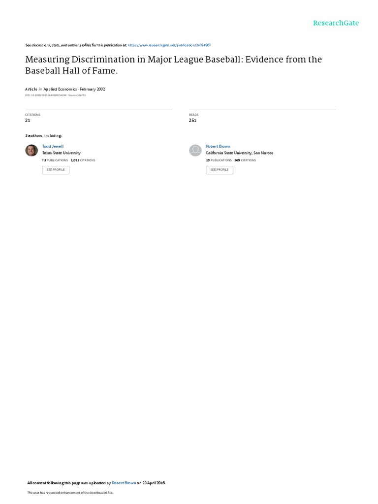 Measuring Discrimination in Major League Baseball: Evidence From The ...