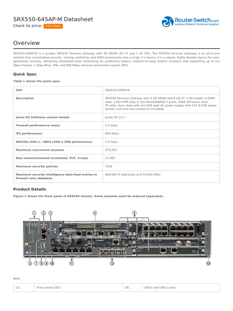 Juniper SRX550-645AP-M Datasheet | PDF | Firewall (Computing) | Network ...