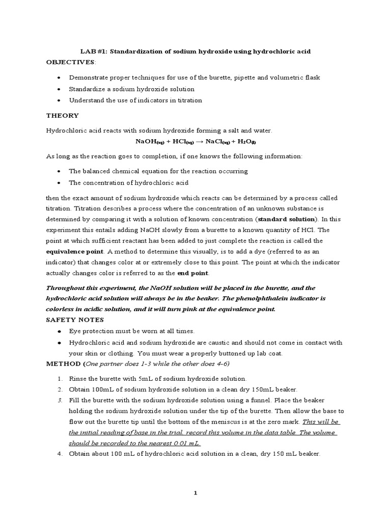 Fill The Burette With The Sodium Hydroxide Solution Using A Funnel. Place The Beaker | PDF ...
