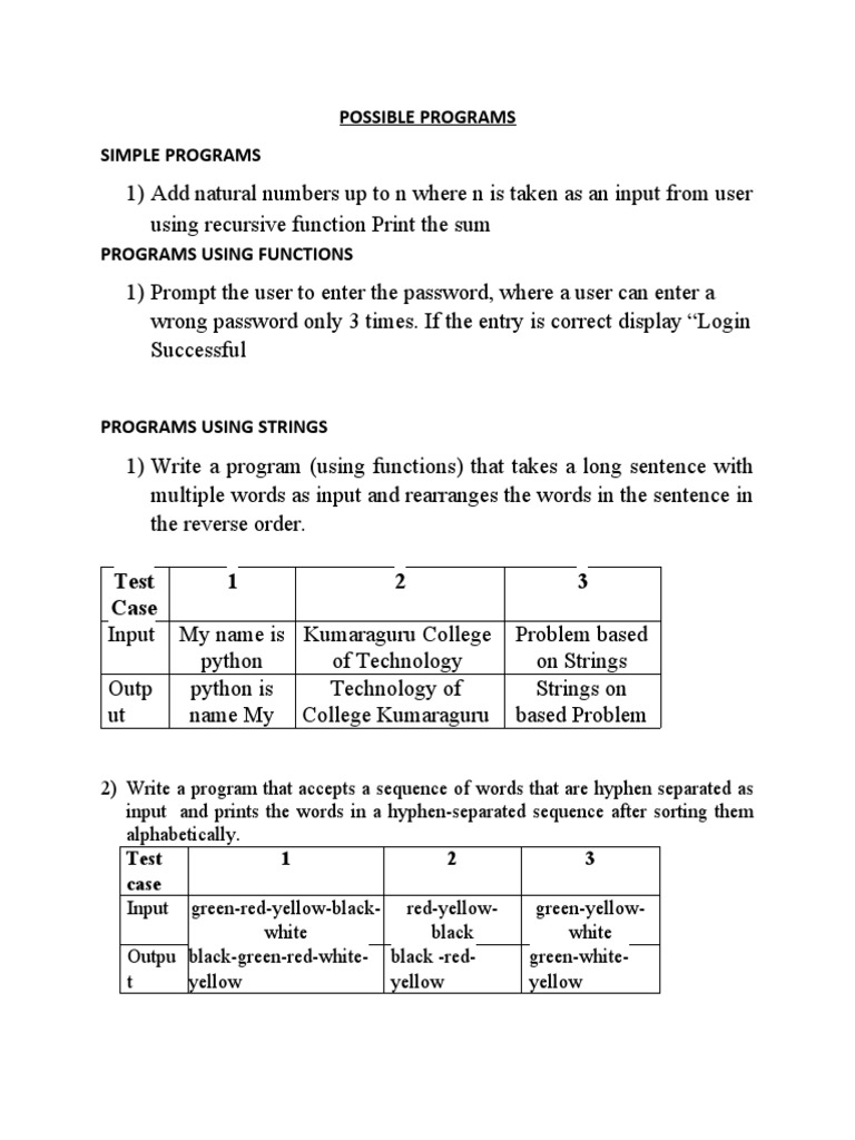 Possible Programs Simple Programs: Test Case 1 2 3 | PDF | String ...