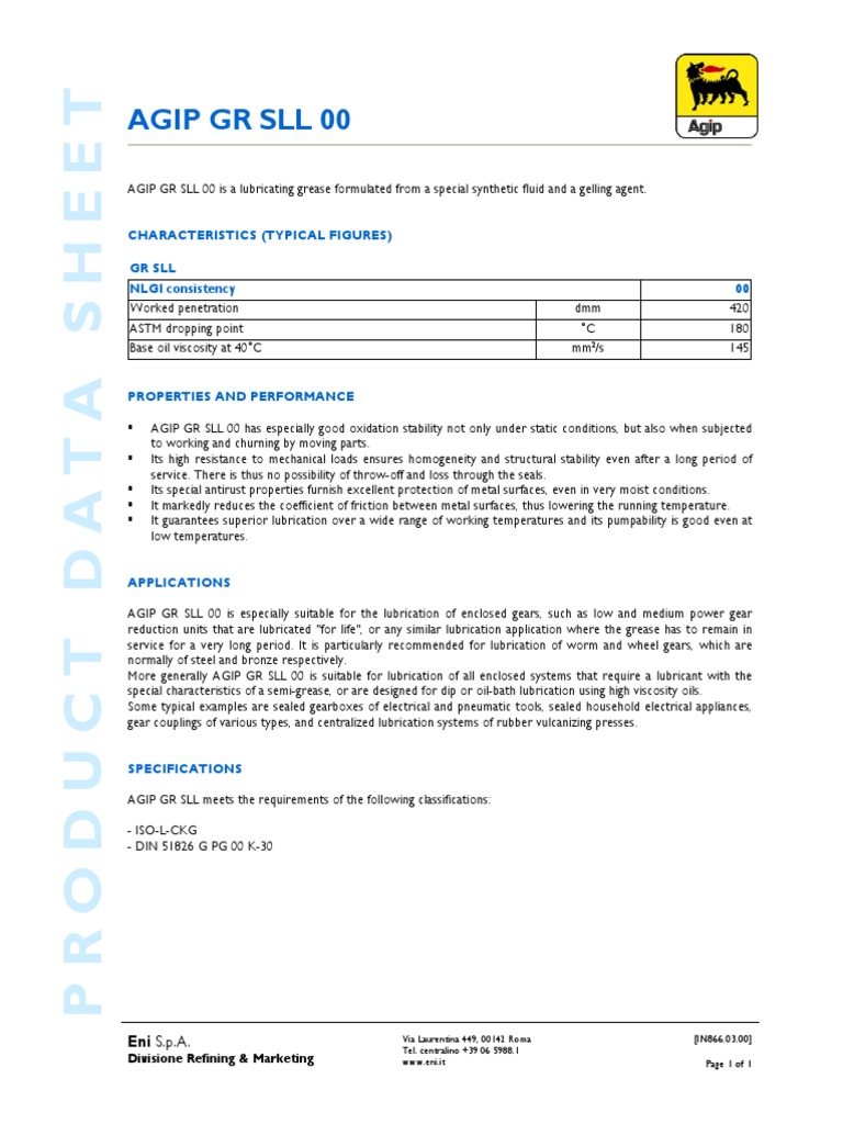 Agip GR SLL 00 | PDF | Lubricant | Chemical Substances
