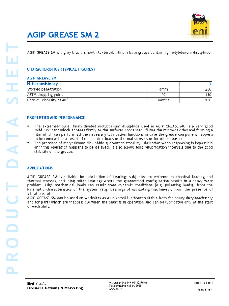 Characteristics (Typical Figures) Agip Grease SM NLGI Consistency 2 ...