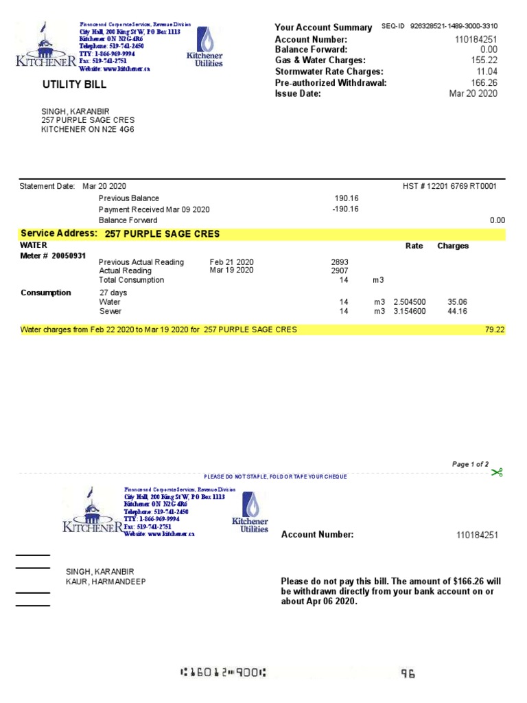 Utility Bill: 257 Purple Sage Cres Service Address | PDF | Payments | Banks