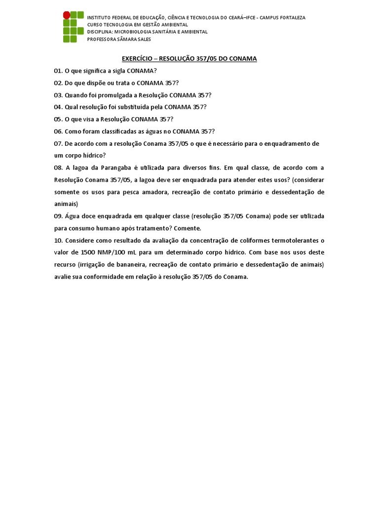 04aulaEXERCICIO - RESOLUÇÃO CONAMA 357 | PDF