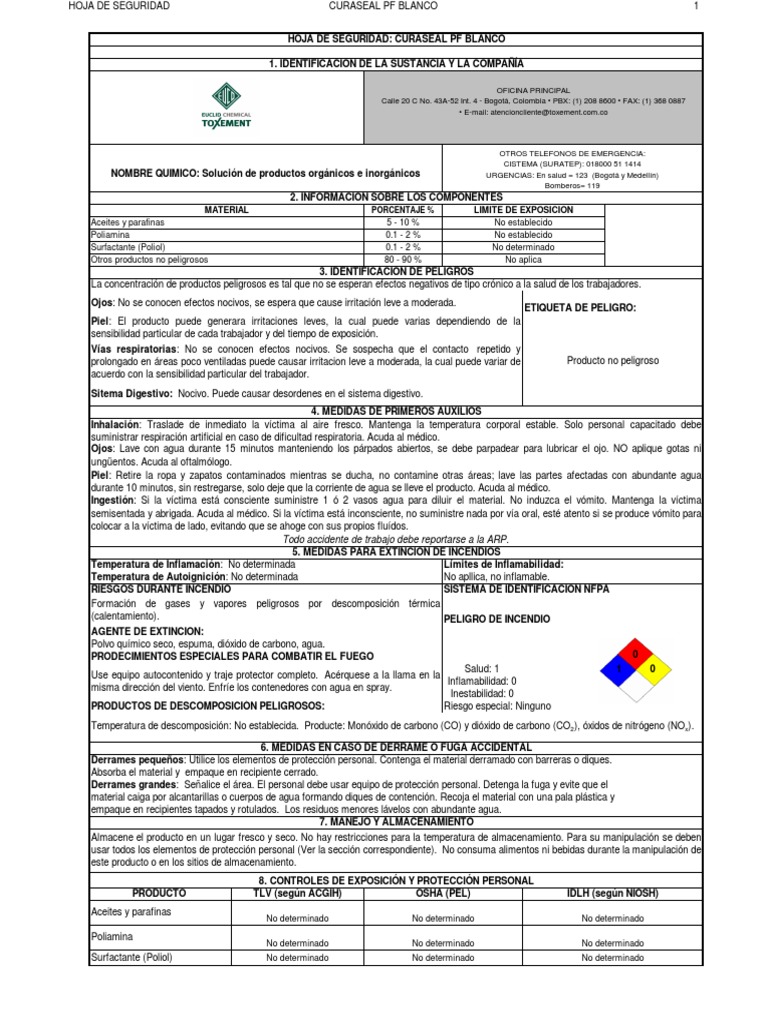 Hoja de Seguridad Curaseal PF Blanco | PDF | Dióxido de carbono | Carbón