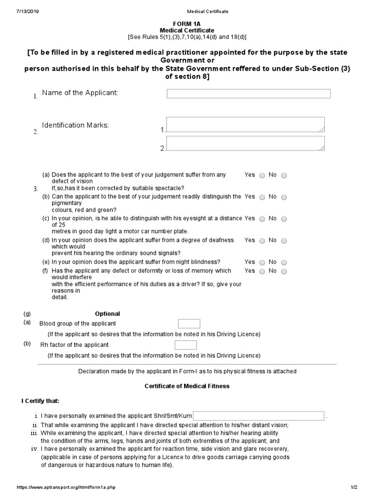 Name of The Applicant:: Form 1A Medical Certificate | PDF