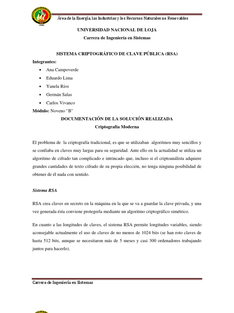 Sistema Criptográfico de Clave Pública (RSA) | PDF | Clave (criptografía) | Criptografía