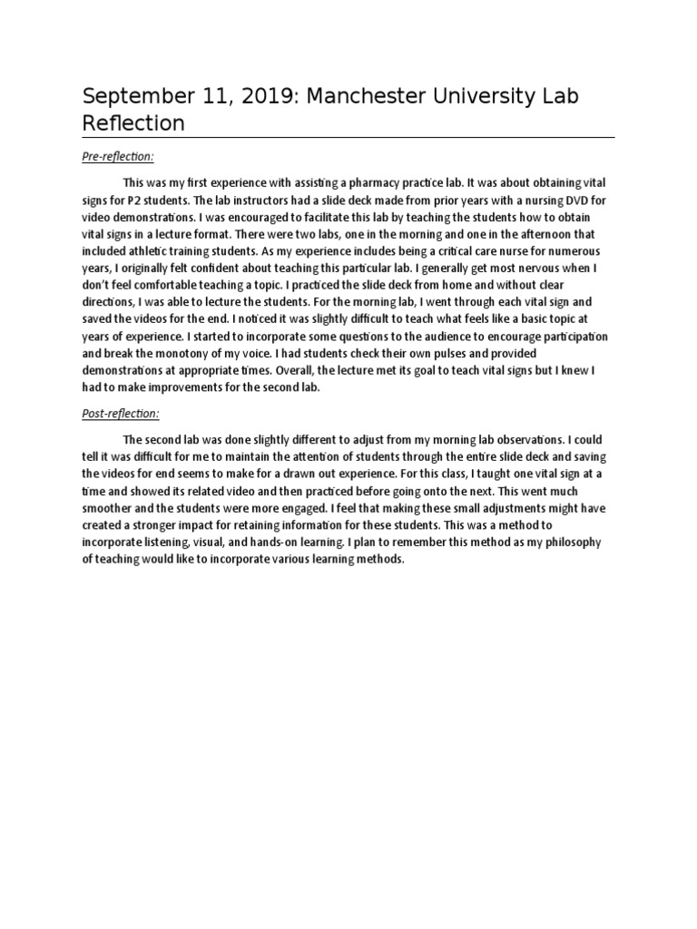 9-11-19 Vitals Student Lab Reflection | PDF | Career & Growth