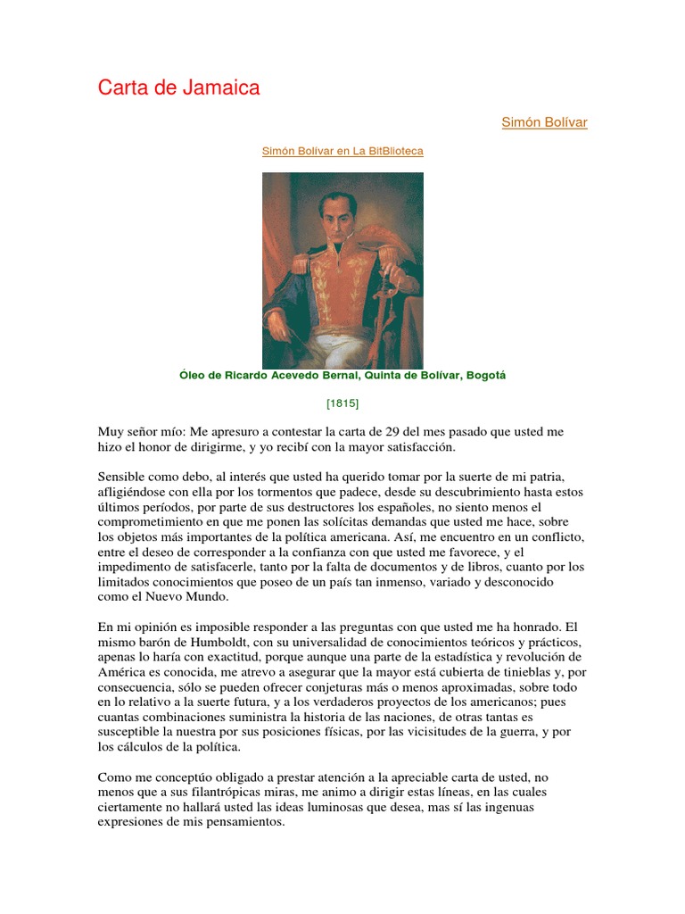 Simon Bolivar. Carta de Jamaica | PDF