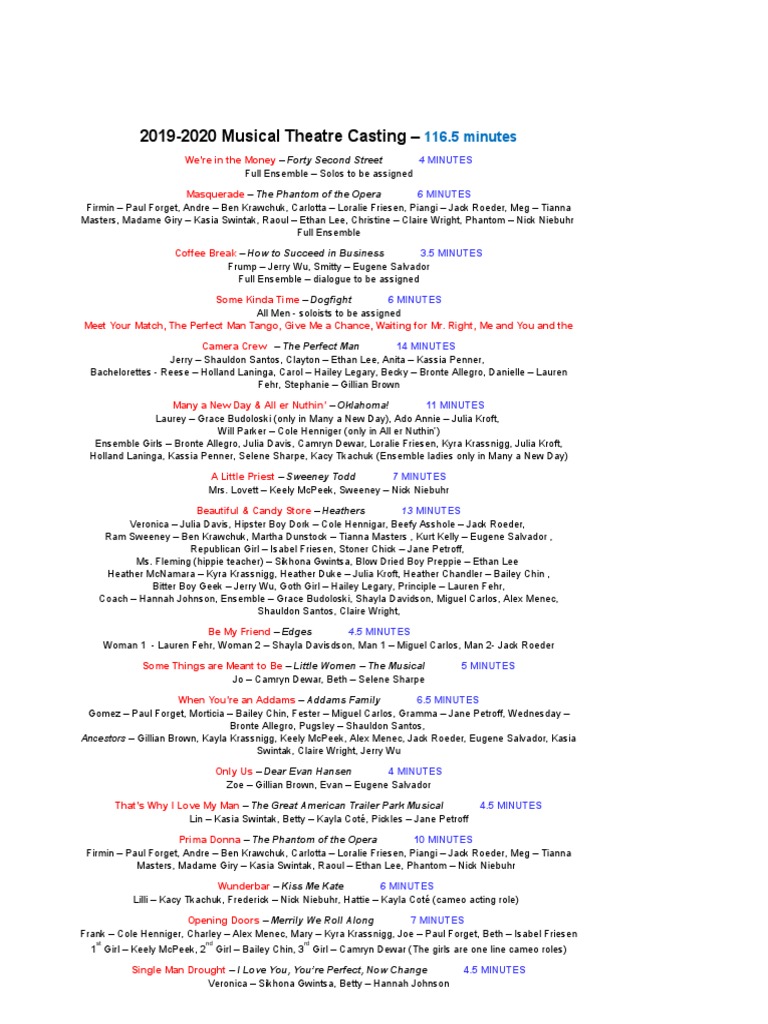 2019-2020 Musical Theatre Casting List | PDF | Theatre | Broadway Musicals
