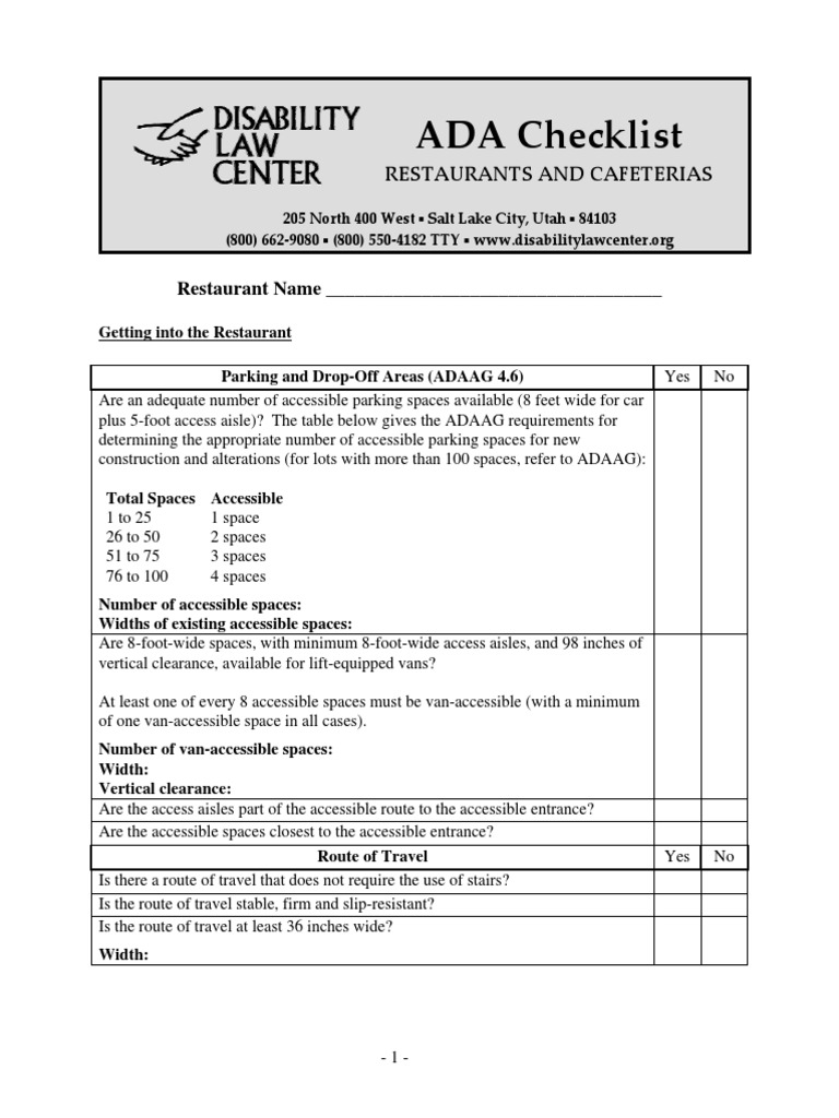 ADA Restaurant Checklist | PDF | Door | Wheelchair
