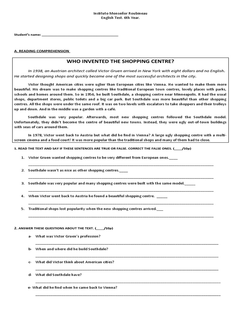 6to Reading Comprehension | PDF | Shopping Mall | Retailing