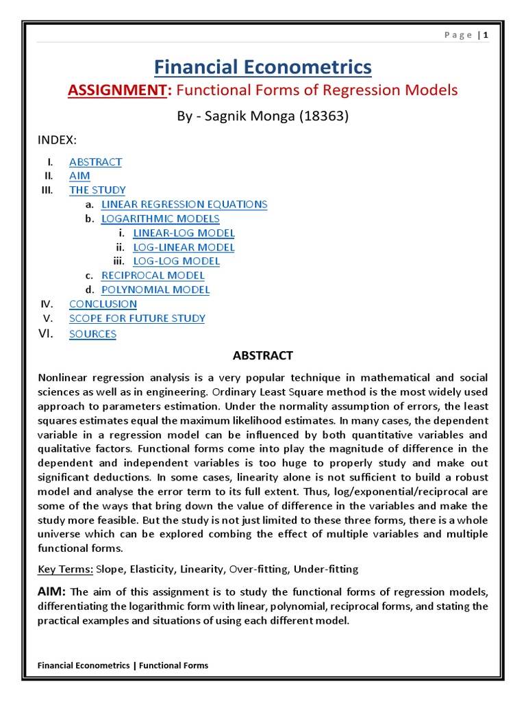 Financial Econometrics: ASSIGNMENT: Functional Forms of Regression Models | PDF | Regression ...