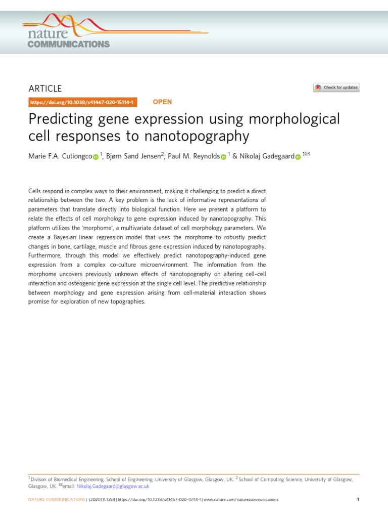 Predicting Gene Expression Using Morphological Cell Responses To Nanotopography | PDF | Cellular ...