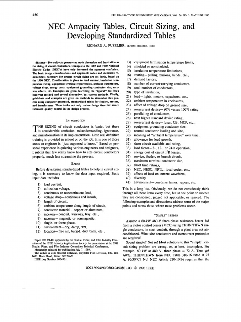 NEC Ampacity Tables, Circuit Sizing, and Developing Standardized Tables ...