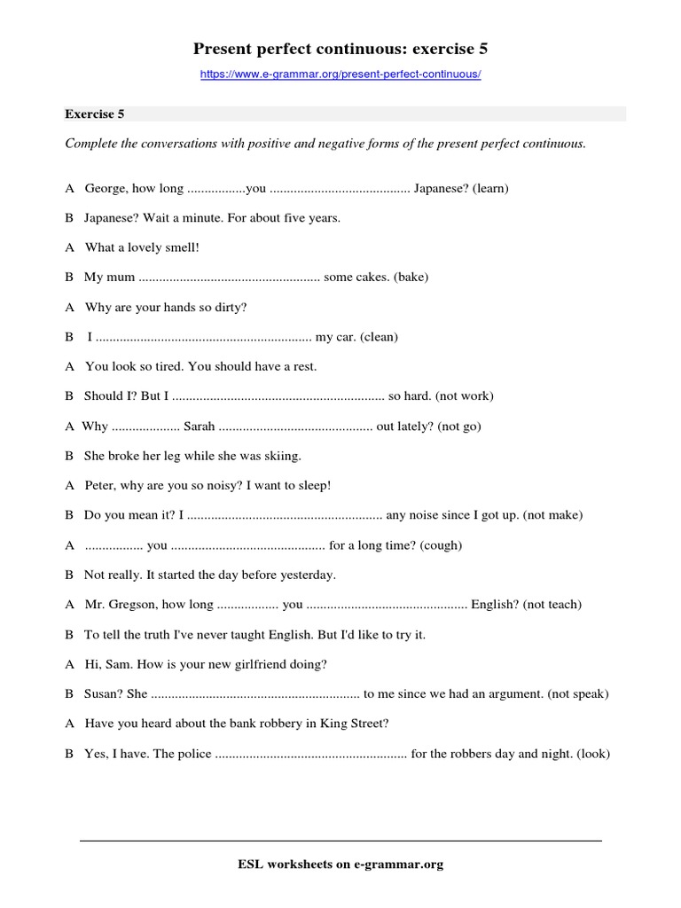 Present Perfect Continuous: Exercise 5 | PDF