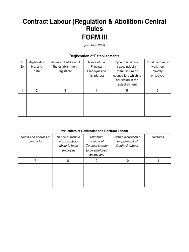 Contract Labour (Regulation & Abolition) Central Rules Form Iii | PDF