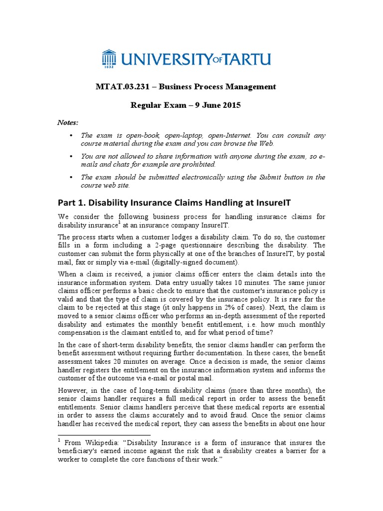 Part 1. Disability Insurance Claims Handling at Insureit | PDF ...