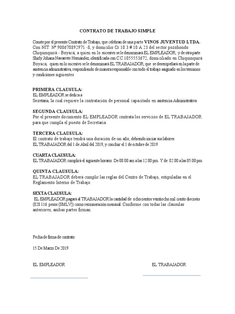 CONTRATO DE TRABAJO SIMPLE Shirly | PDF