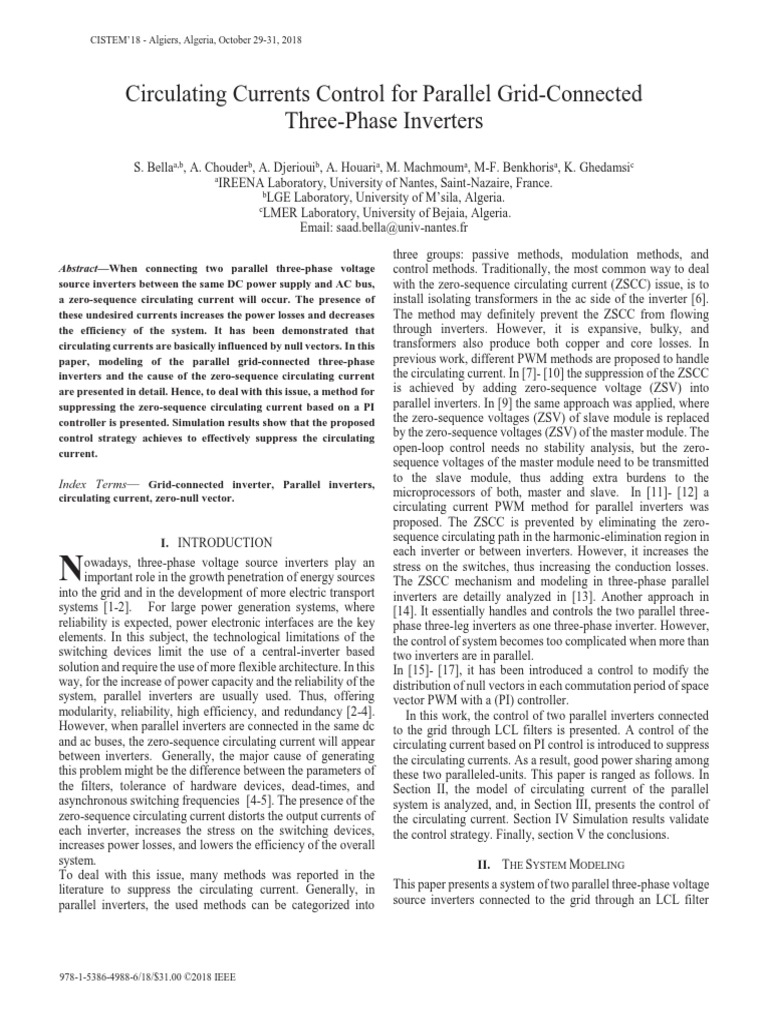 Circulating Currents Control For Parallel Grid-Connected Three-Phase Inverters | PDF | Power ...