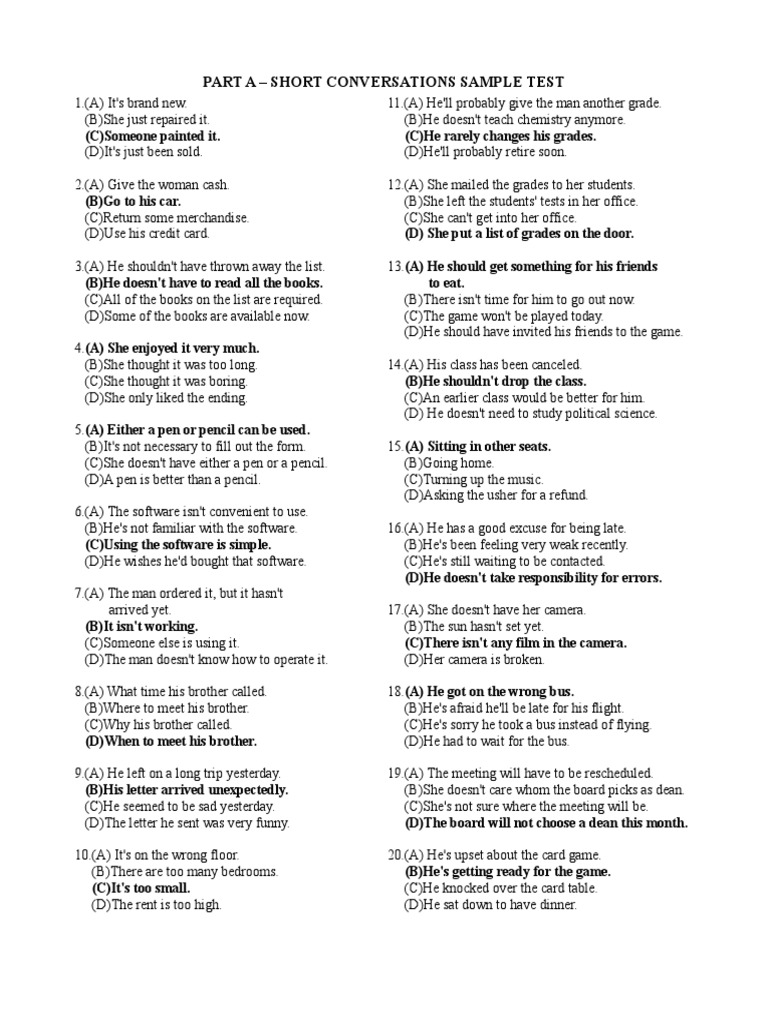 Part A - Short Conversations Sample Test: To Eat | PDF