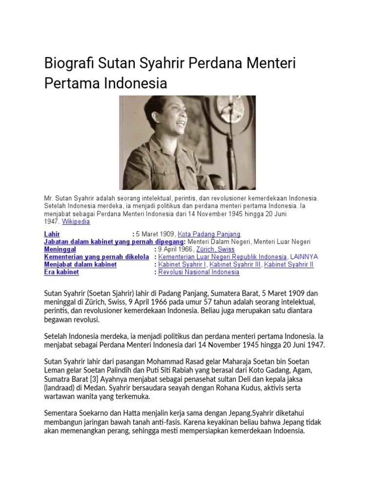 Biografi Sutan Syahrir Perdana Menteri Pertama Indonesia | PDF