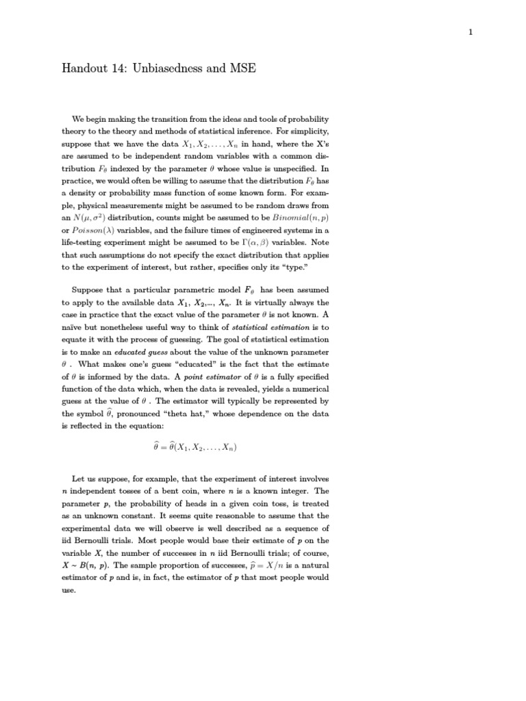 Handout 14: Unbiasedness and MSE | PDF | Bias Of An Estimator | Estimator