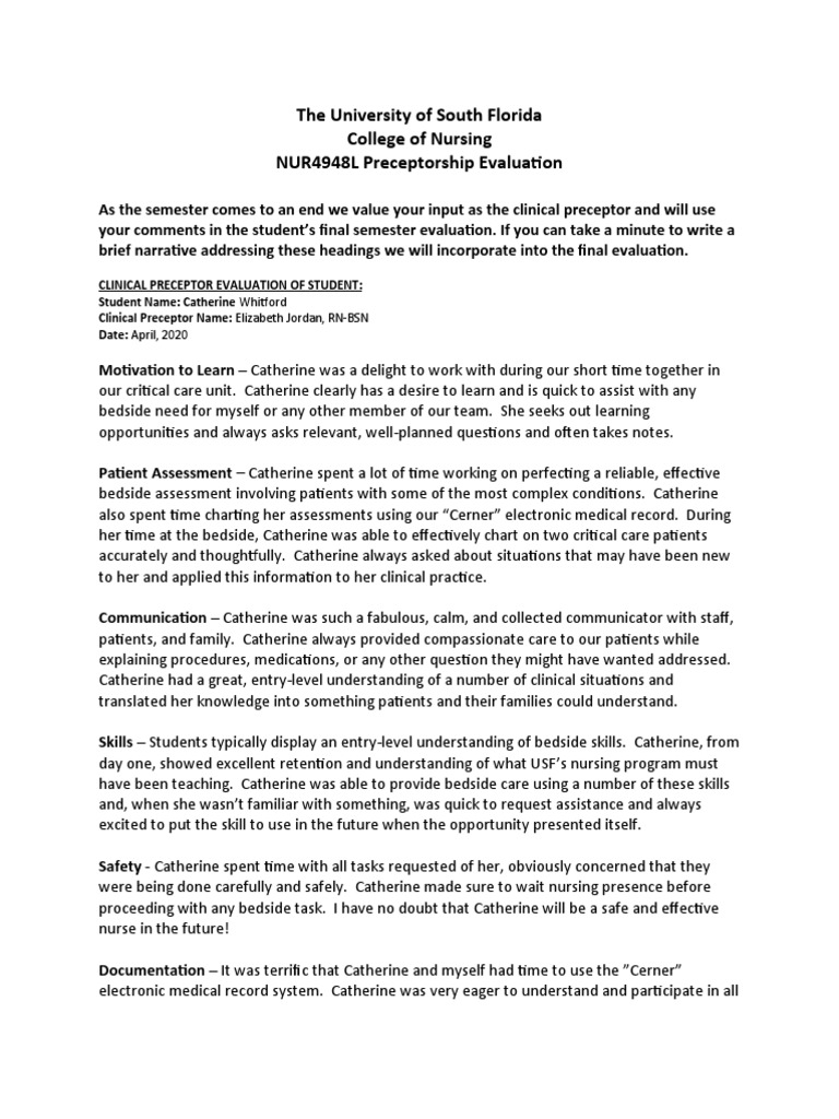 Preceptor Evaluation of Student Jordan Elizabeth | PDF | Medical Record ...