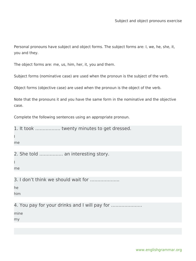 Subject and Object Pronouns Exercise | PDF