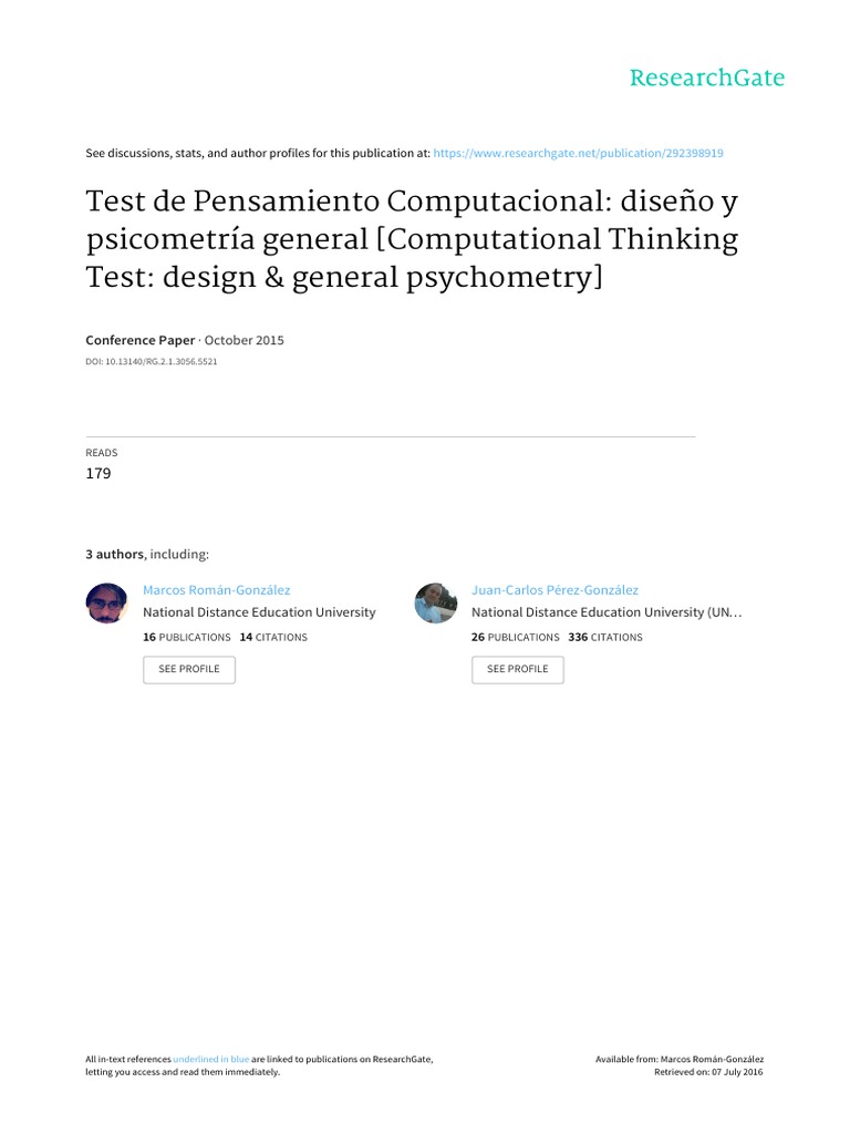 Test de Pensamiento Computacional - Diseño y Psicometría General (Román ...