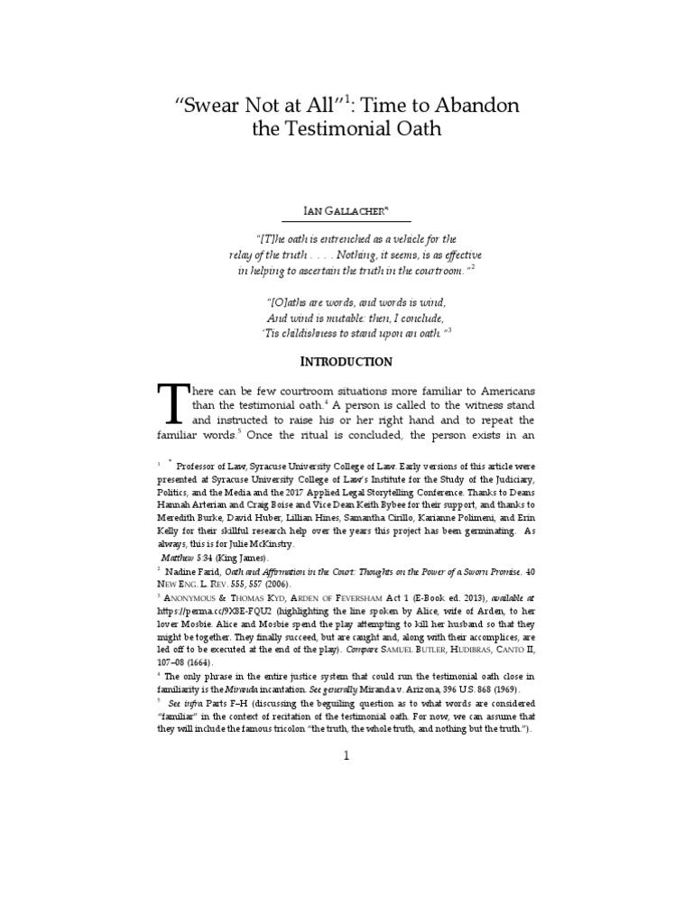 "Swear Not at All": Time To Abandon The Testimonial Oath | PDF | Oath ...