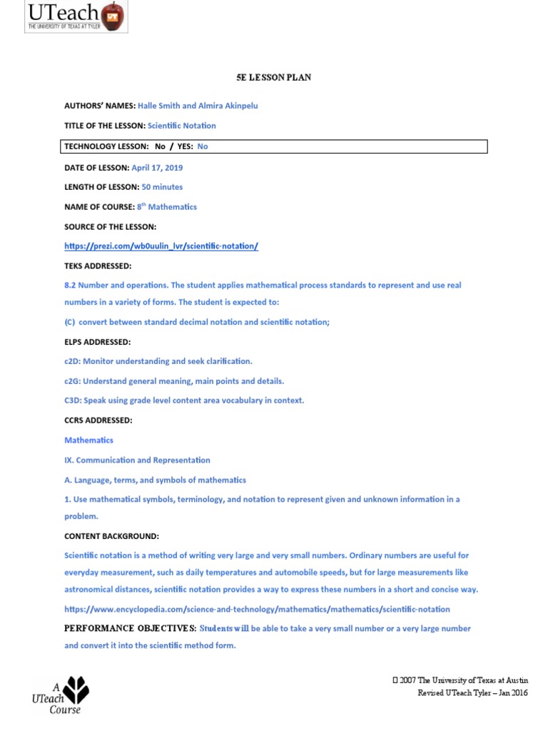 5e Lesson Plan Perspectives Scientific Notation | PDF | Significant ...