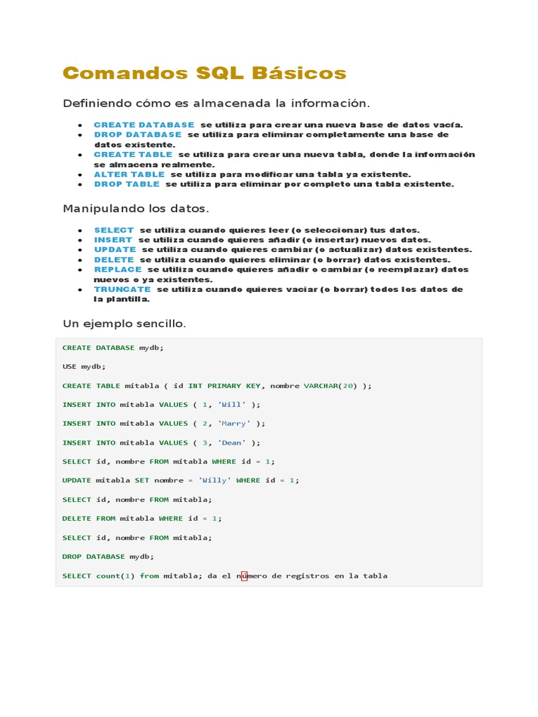 Comandos SQL Básicos | PDF | Modelo de datos | SQL
