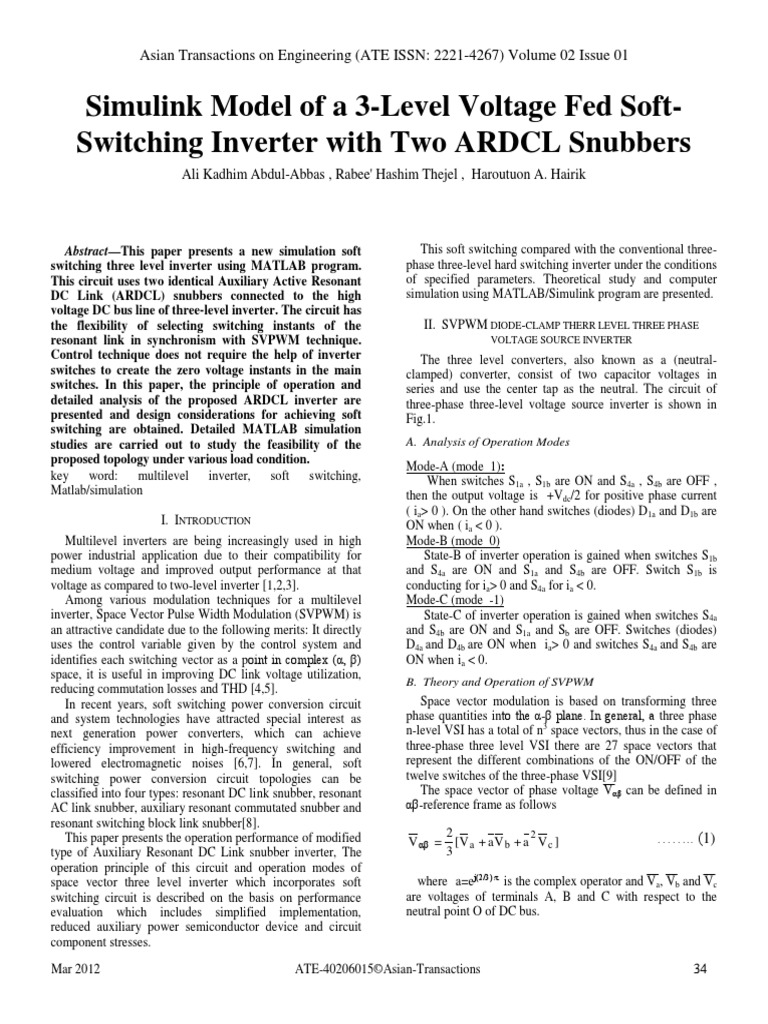 Simulink Model of A 3-Level Voltage Fed Soft-Switching Inverter With Two ARDCL Snubbers | PDF ...