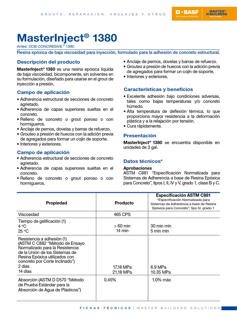 Masterinject 1380 Ficha Técnica | PDF | Hormigón | Epoxy